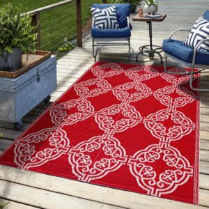 outdoor rug - folded design - recycled plastic floor mat for patio, camping, beach, balcony, porch, deck - weather, water, stain, lightweight, fade and uv resistant - marrakech- red & white (10'x14')