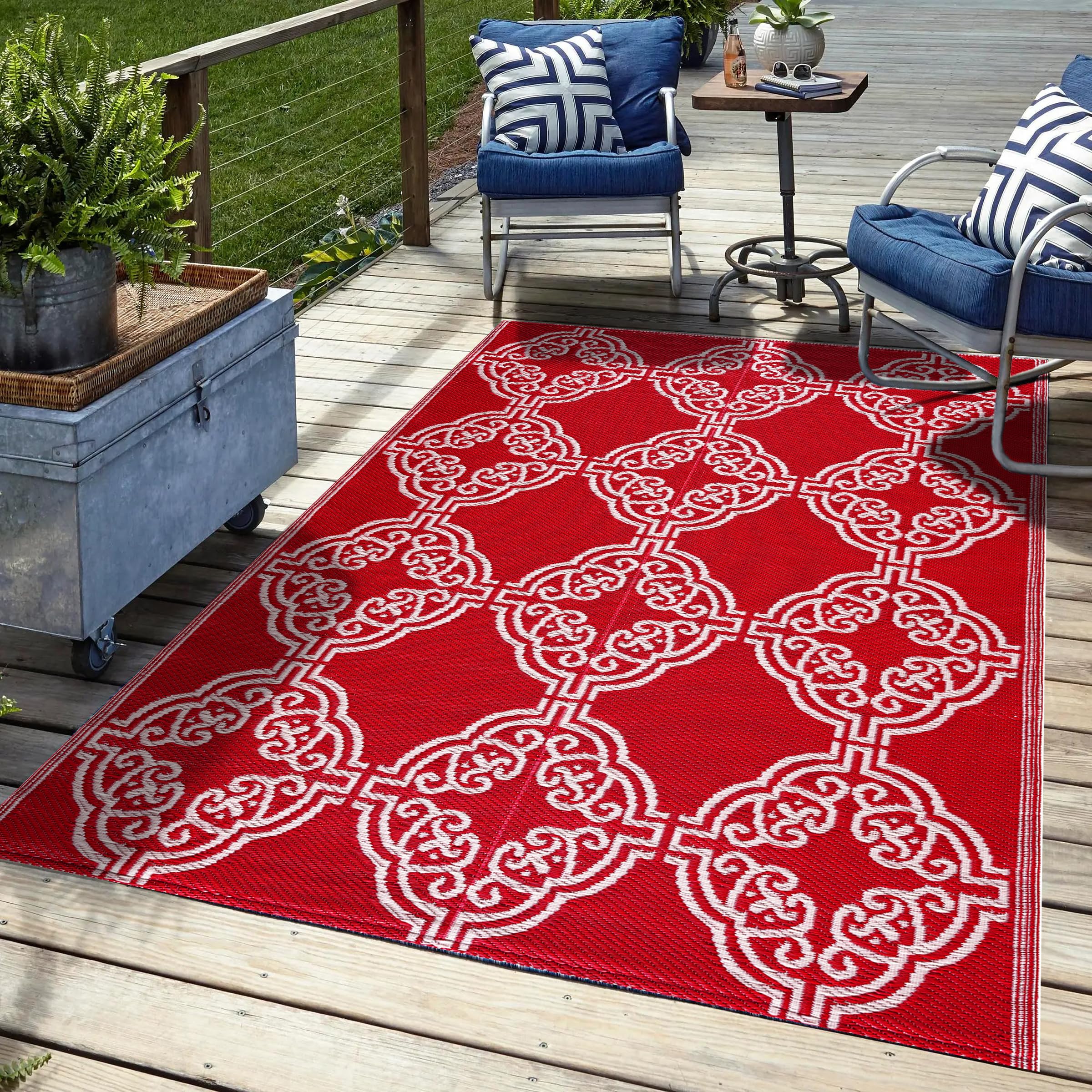 Outdoor Rug - Folded Design - Recycled Plastic Floor Mat for Patio, Camping, Beach, Balcony, Porch, Deck - Weather, Water, Stain, Lightweight, Fade and UV Resistant - Marrakech- Red & White (10'x14')