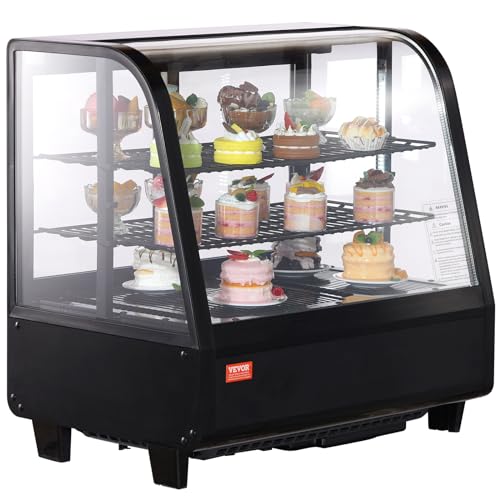 VEVOR XCW-100L 3.5 Cu.Ft./100L, 2-Tier, Countertop Pastry Case Commercial Display Refrigerator with LED Lighting, Turbo, Frost-Free Air-Cooling, Rear Sliding Door, Curved, Black