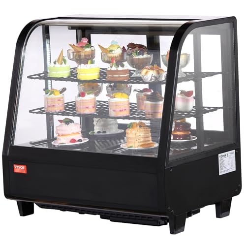 VEVOR XCW-100L 3.5 Cu.Ft./100L, 2-Tier, Countertop Pastry Case Commercial Display Refrigerator with LED Lighting, Turbo, Frost-Free Air-Cooling, Rear Sliding Door, Curved, Black