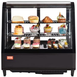 vevor xcw-100l 3.5 cu.ft./100l, 2-tier, countertop pastry case commercial display refrigerator with led lighting, turbo, frost-free air-cooling, rear sliding door, curved, black