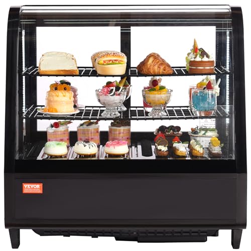 VEVOR XCW-100L 3.5 Cu.Ft./100L, 2-Tier, Countertop Pastry Case Commercial Display Refrigerator with LED Lighting, Turbo, Frost-Free Air-Cooling, Rear Sliding Door, Curved, Black