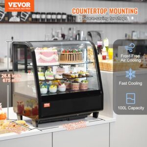 VEVOR XCW-100L 3.5 Cu.Ft./100L, 2-Tier, Countertop Pastry Case Commercial Display Refrigerator with LED Lighting, Turbo, Frost-Free Air-Cooling, Rear Sliding Door, Curved, Black