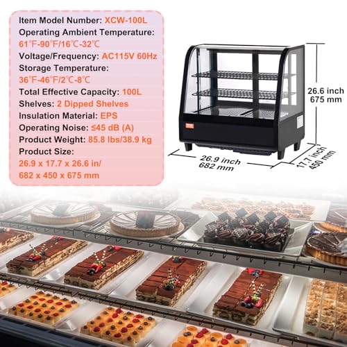 VEVOR XCW-100L 3.5 Cu.Ft./100L, 2-Tier, Countertop Pastry Case Commercial Display Refrigerator with LED Lighting, Turbo, Frost-Free Air-Cooling, Rear Sliding Door, Curved, Black