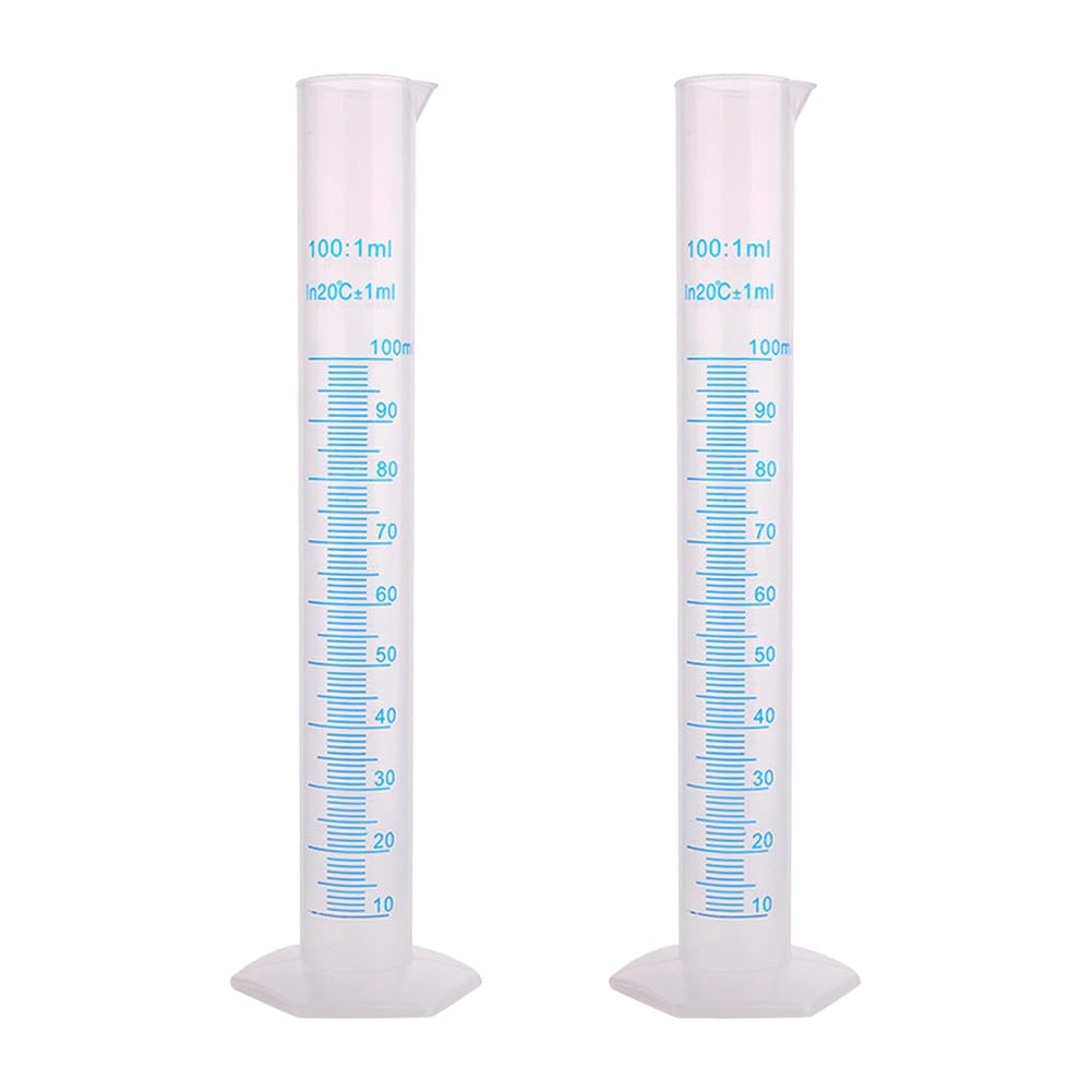 2 Pcs 100ml Plastic Measuring Cylinders Clear Graduated Cylinders Science Measuring Test Tubes Liquid Measuring Tools with Blue Graduation Lines