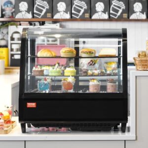 VEVOR XCW-100L 3.5 Cu.Ft./100L, 2-Tier, Countertop Pastry Case Commercial Display Refrigerator with LED Lighting, Turbo, Frost-Free Air-Cooling, Rear Sliding Door, Curved, Black