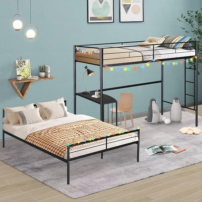 Twin Over Full Bunk Bed, Metal L-Shaped Bunk Bed Frame with Desk, Guardrail and Ladder, Space Saving Bed for Boys Girls, Convertible Into Twin Loft Bed & Full Platform Bed, Noise Free, Black