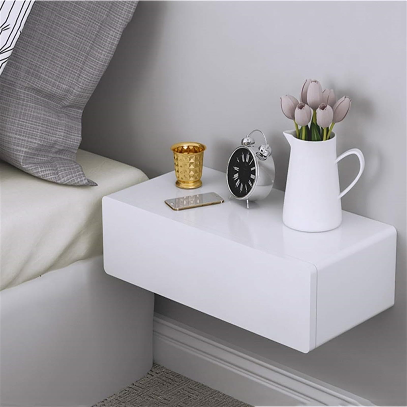 Pennisetum Wall Mounted Floating Shelves Shelf with Drawers Bracket Storage Rack White Woody Drawer Storage Bedroom Dresser Nightstand Multifunction Simple Modern, Home Decoration