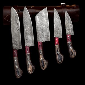 LEONA CRAFT® Custom Handmade Damascus Steel Chef Set Kitchen Knives with Leather Pouch 5 PCS Poplar Home Professional Knife Without Block Cool Blade Wood Handle Utensils Tops Tools Paring Knifes (010)