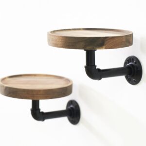 Round Circular Shelves Floating Acacia Wood (Set of 2) Diameter 7.1 inches. Wall Mounted Planter Shelves with Pipe Brackets. Chic Modern Rustic Industrial Pipe Décor for Display, Trophy, Ornaments