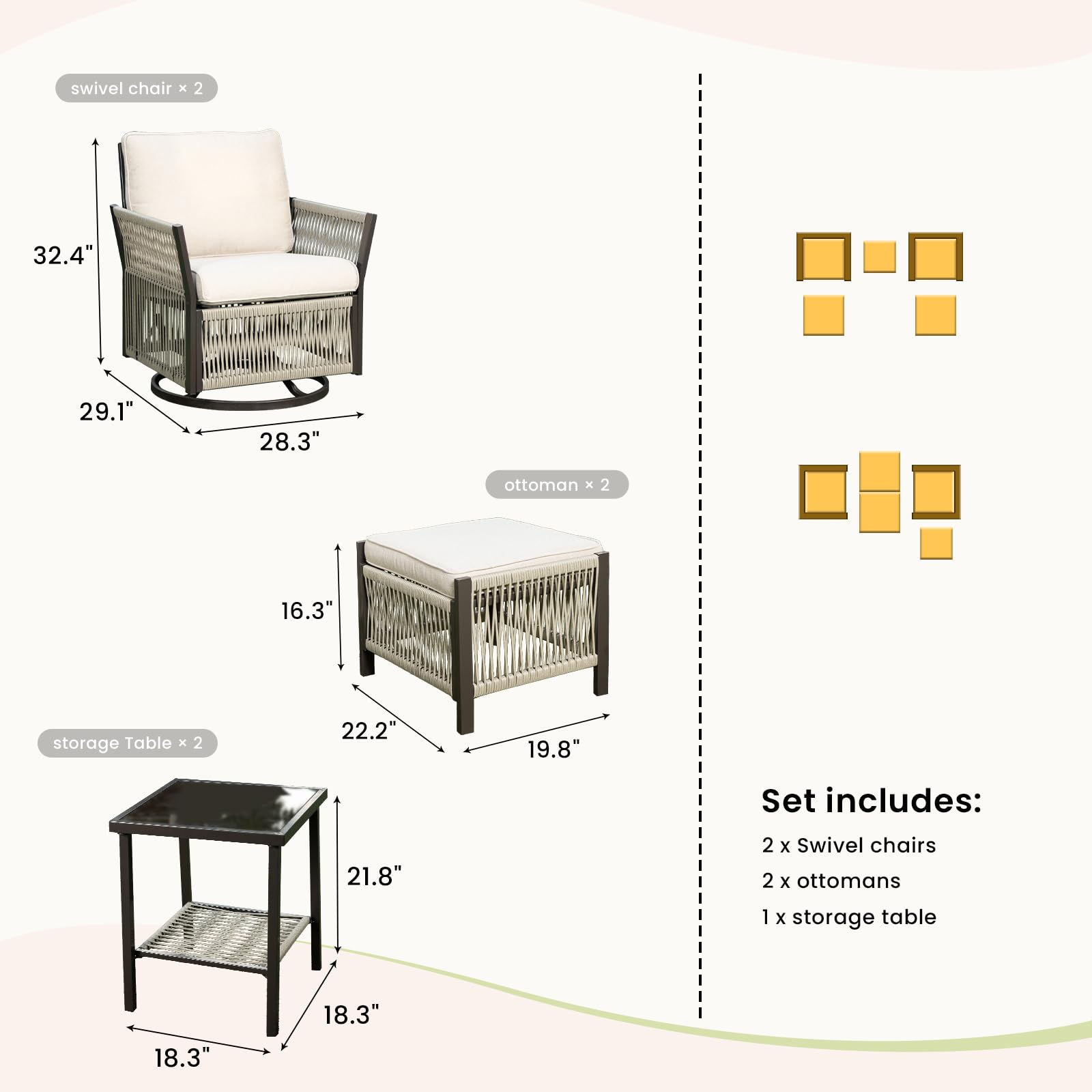 Swpormundo Outdoor Patio Furniture, 5 Pieces High Back Wicker Patio Furniture Set with Rocking Patio Chairs, Coffee Table for Garden,Porch, Backyard(Beige)