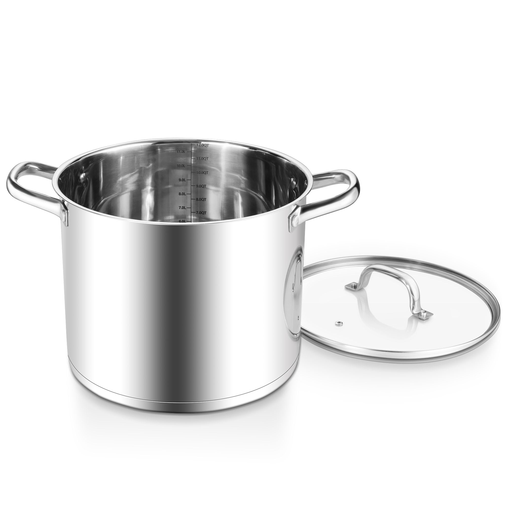 E-far 12 Quart Cooking Stock Pot, Large Stainless Steel Pot for Canning Simmering Stewing, Heavy Duty Cookware with Tri-ply Base for Induction Gas Stoves, Soup Pot with Glass Lid, Dishwasher Safe