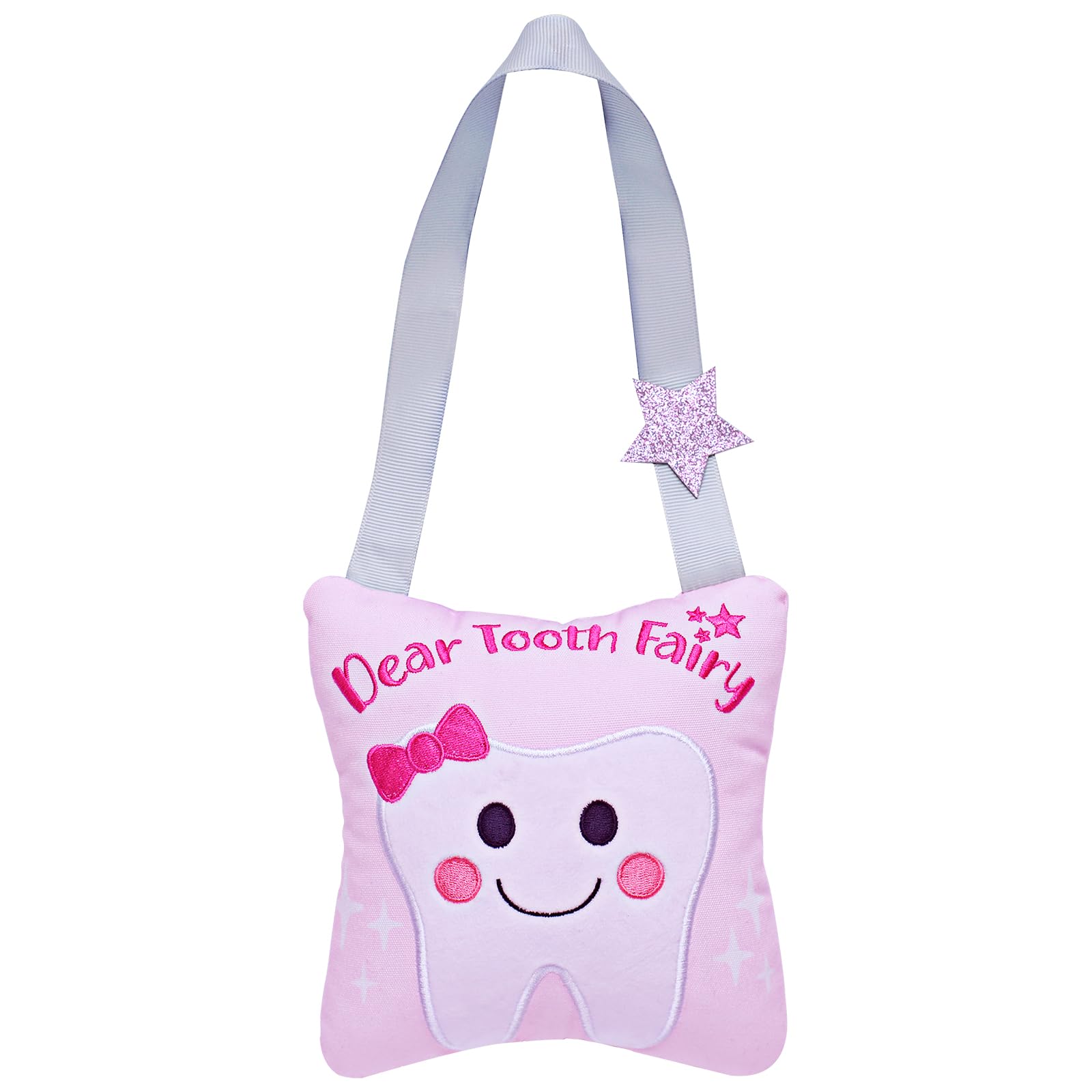 Tooth Fairy Pillow with Pocket for for Girls and Boys Kids，Tooth Keepsake Pouch Tooth Fairy Bag on Back Toothfairy Gift，5.9 x 5.9 inches (Pink)