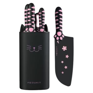 meowkit cute kitchen knife set,5-piece non-stick knives set with detachable block and scissors,sharp kitchen knives for chopping, slicing, dicing and cutting for home kitchen