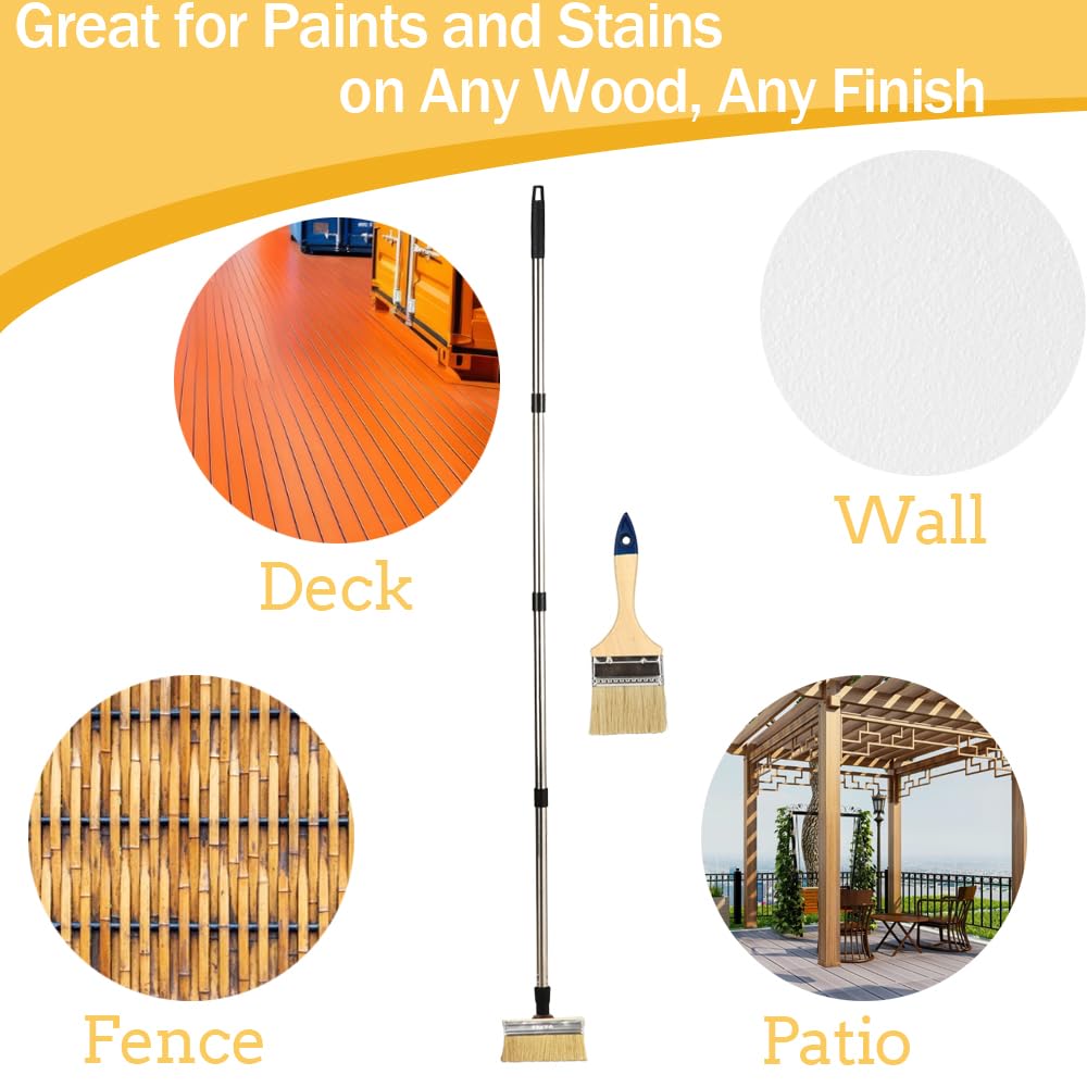 YUJOIBAN Deck Stain Brush with Long Handle, 60" Extension Pole Deck Stain Applicator, 6" Wide Deck Paint Brush and 3" Paint Brushes Set for Painting Wood Deck, Masonry, Fence, Wall and Furniture