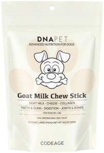 dna pet goat milk chew sticks for dogs supplement - high protein, beef collagen, cheese & probiotics - large dogs over 55 lbs - non-gmo, gluten-free, grain-free, air-dried & handcrafted - 3-count