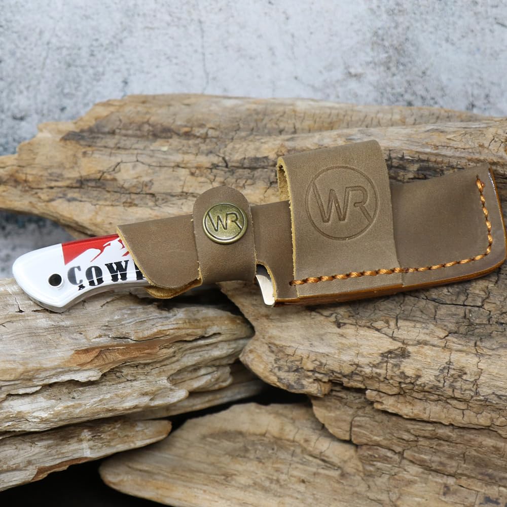 WHISKEY BENT HAT CO. Bullcutter Fixed Blade Knife 440C Stainless Steel 2.5" Blade w/Leather Sheath (Cowpoke)