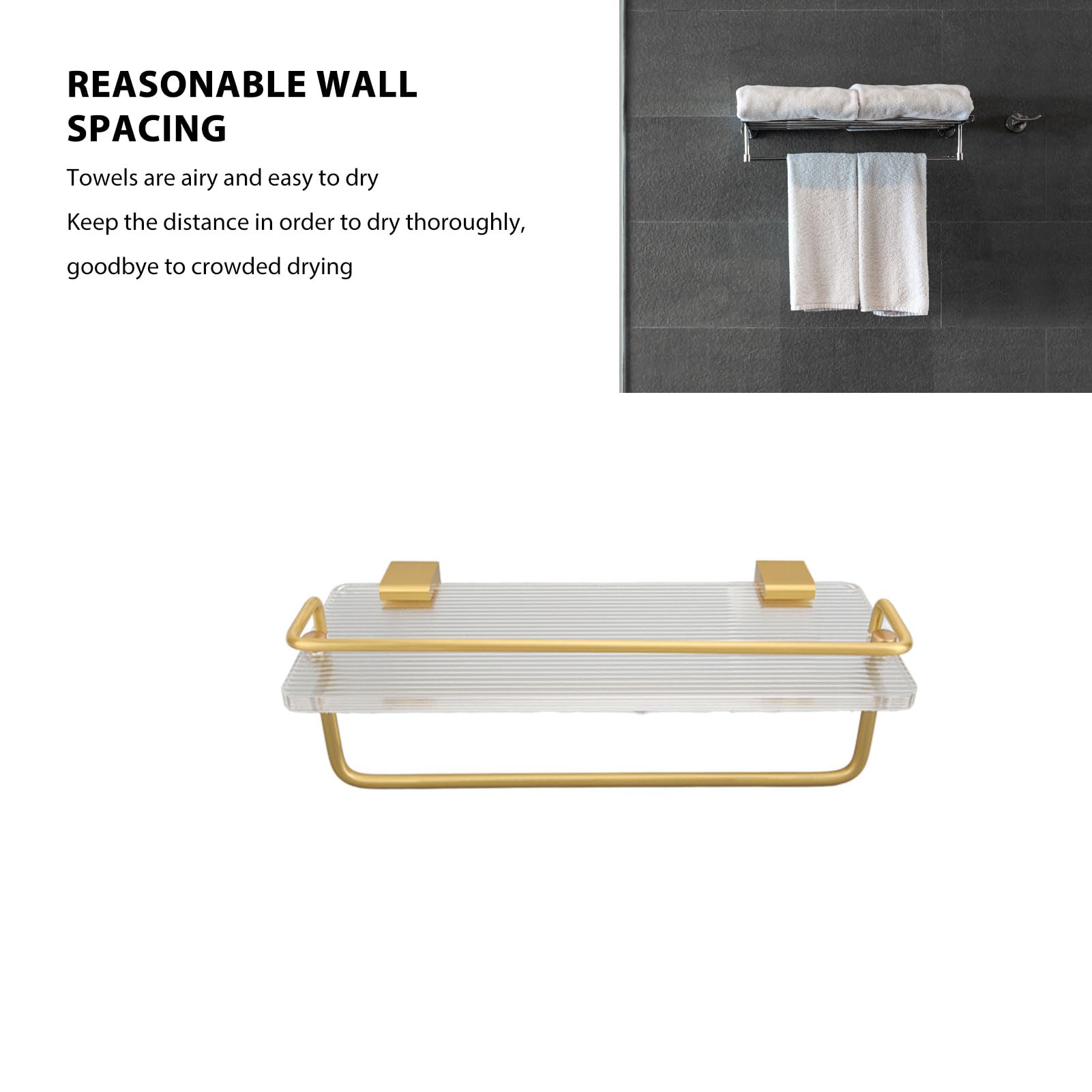 NYSUZHOUJI Bathroom Floating Shelves, Versatile Storage Rack Wall Mounted Hanging Shelves with Golden Towel Rack, for Bathroom Over Toilet Living Room Kitchen Bedroom (30Q)