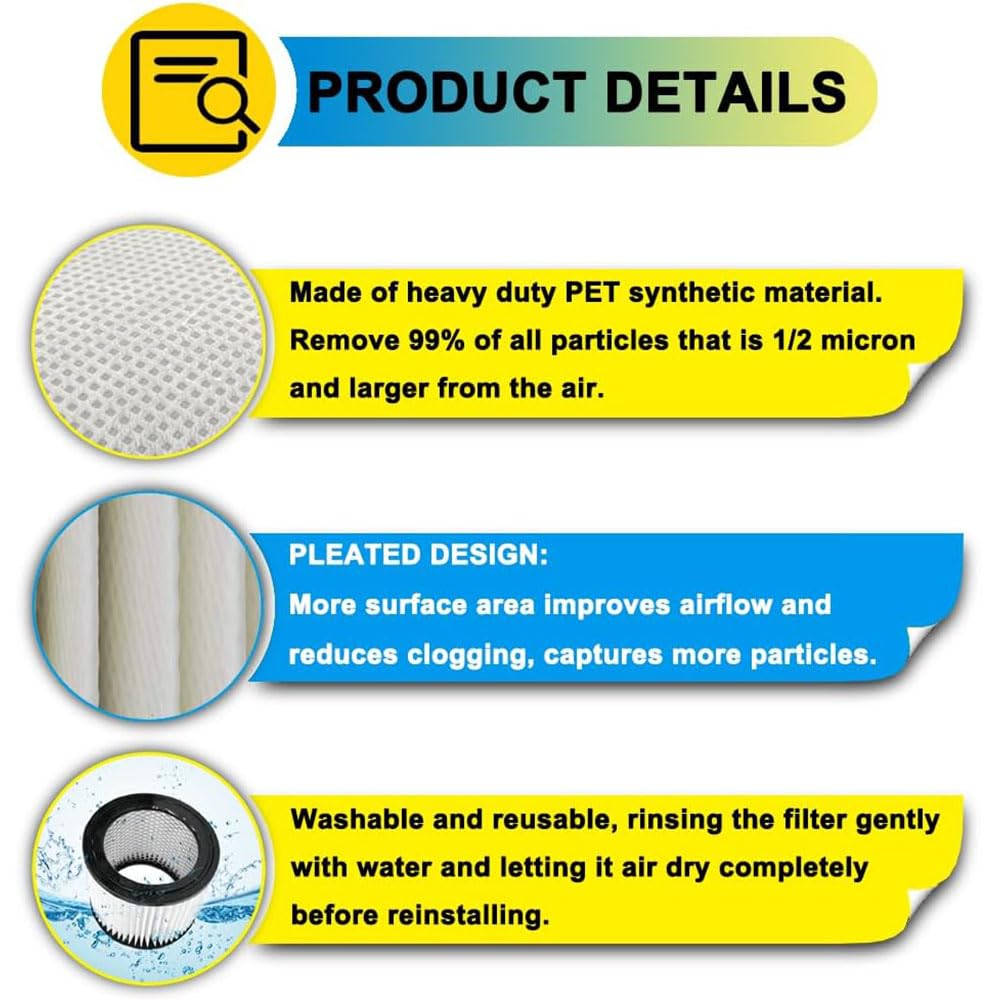 2 pack 08-2566B Cartridge Filters for Most 5-18 Gallon Stanley Wet/Dry Vacuum Cleaners and 4 pack Reusable Filter Covers to Keep Filters Performing.