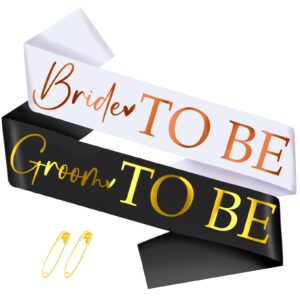 generic 2 pcs bride to be and groom to be sash with foil, rose gold bachelorette & gold bachelor sash for bridal shower wedding hen party decorations engagement gifts (white and black)