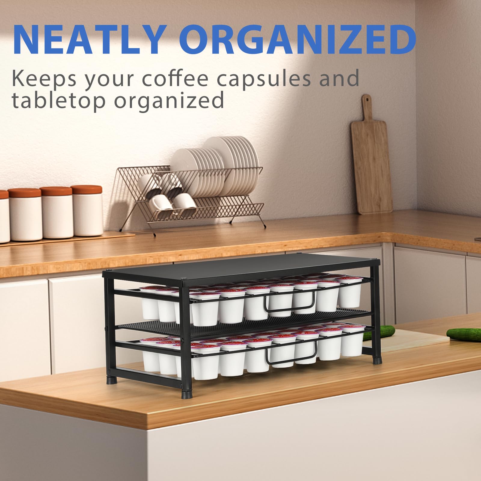 ECOLOVI K Cup Holder Organizer for 70 Pods, 2-Tier Coffee Pod Holder for K-Cup with 2 Sliding Storage Drawers, Coffee Station Bar Organizer for Kitchen Countertop, Home & Office, Frosted Black