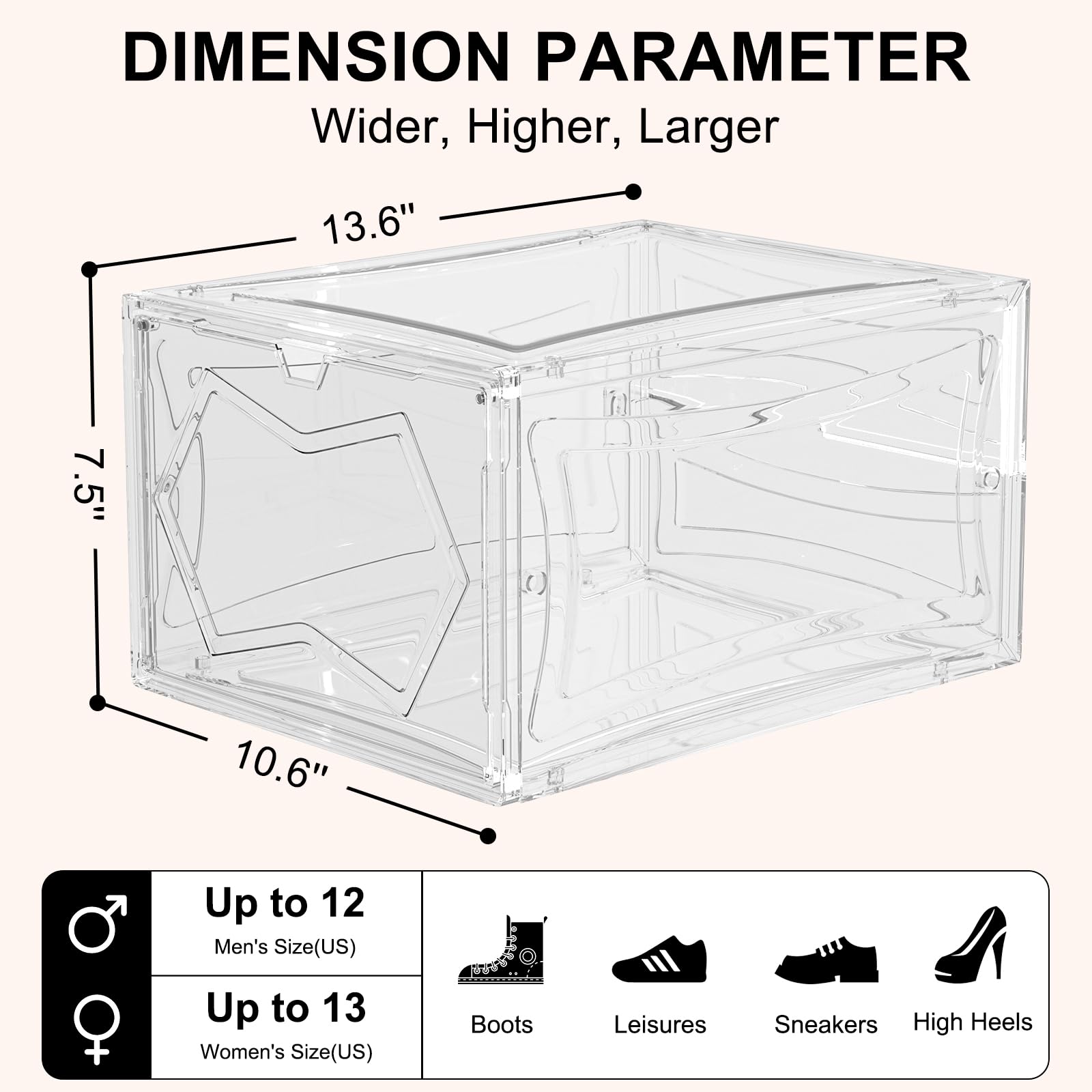 PRAKI Large Shoe Storage Boxes Organizer for Closet with Magnetic Door, 6 Pack Clear Stackable Shoe box for entryway, Space Saving Shoe Rack for Sneaker Boot Containers, 13.6 x 10.6 x 7.5 Inches