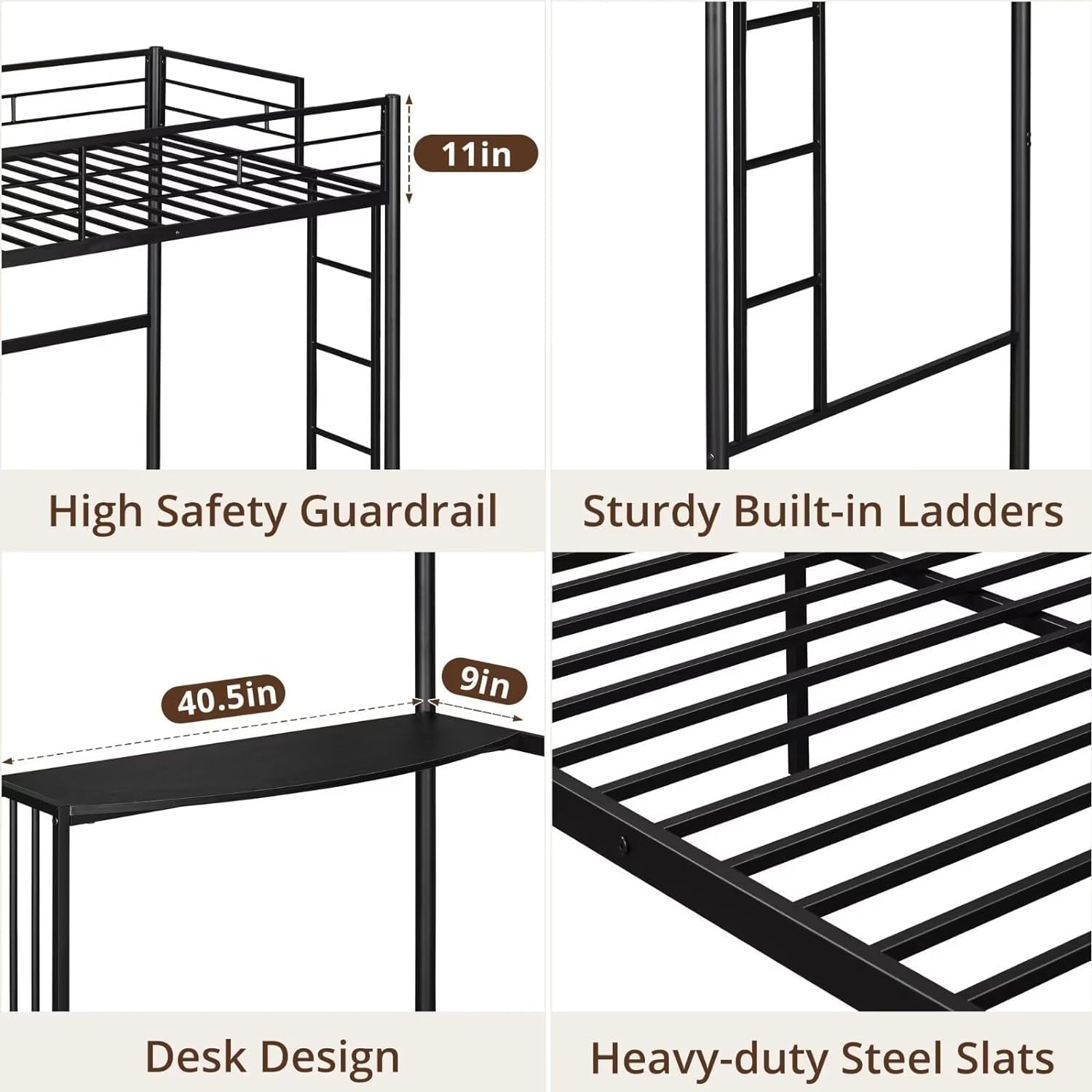 Twin Over Full Bunk Bed, Metal L-Shaped Bunk Bed Frame with Desk, Guardrail and Ladder, Space Saving Bed for Boys Girls, Convertible Into Twin Loft Bed & Full Platform Bed, Noise Free, Black