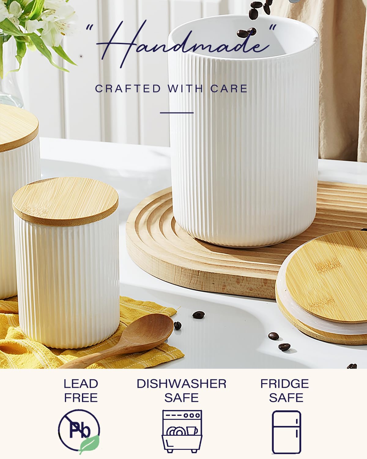 getstar Flour Sugar Storage Containers, Ceramic Canisters Sets for the Kitchen Countertop with Bamboo Airtight Lids, 80oz 40oz&20oz Coffee Tea Sugar Container Set of 3