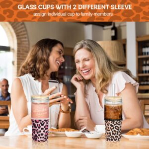 ANOTION Glass Cups with Lids and Straws - 24oz Ice Coffee Cup with Neoprene Sleeve, Drinking Glasses Tumbler Set of 2, Cute Bamboo Mason Jars, Glass Tumbler Travel Cup Smoothie Cup - Gifts for Women