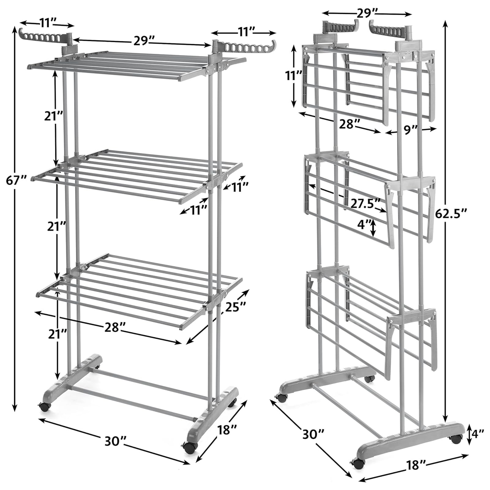 GizmoSynth 【US Warehouse】 Clothes Drying Rack, 66.14" Oversized 4-Tier Foldable Stainless Steel Drying Rack Clothing,Clothes Drying Rack Outdoor for Drying Clothes, Bed Covers, Shoes, Sofa Covers