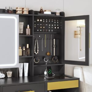 AOGLLATI Black Makeup Vanity with Lights and Jewelry Cabinet, Vanity Desk with Mirror and Lights, Vanity Table with Charging Station,Led Lights, Hidden and Open Storage Shelves