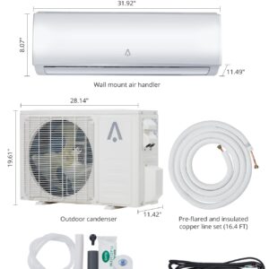 9,000 Btus Mini Split AC, 19 SEER2 Wall Mounted AC with Heat Pump & Installation Kits, Ductless Inverter Split-System Air Conditioners Cools up to 450 Sq. Ft, WIFI and Remote Control, 115V