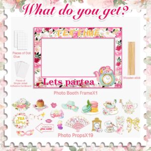 Tea Party Decorations, Floral Lets Partea Photo Booth Frame with 20 Pcs Tea Party Photo Booth Props Garden Party Decorations for Women Tea Party Theme Bridal Shower Birthday Party Supplies