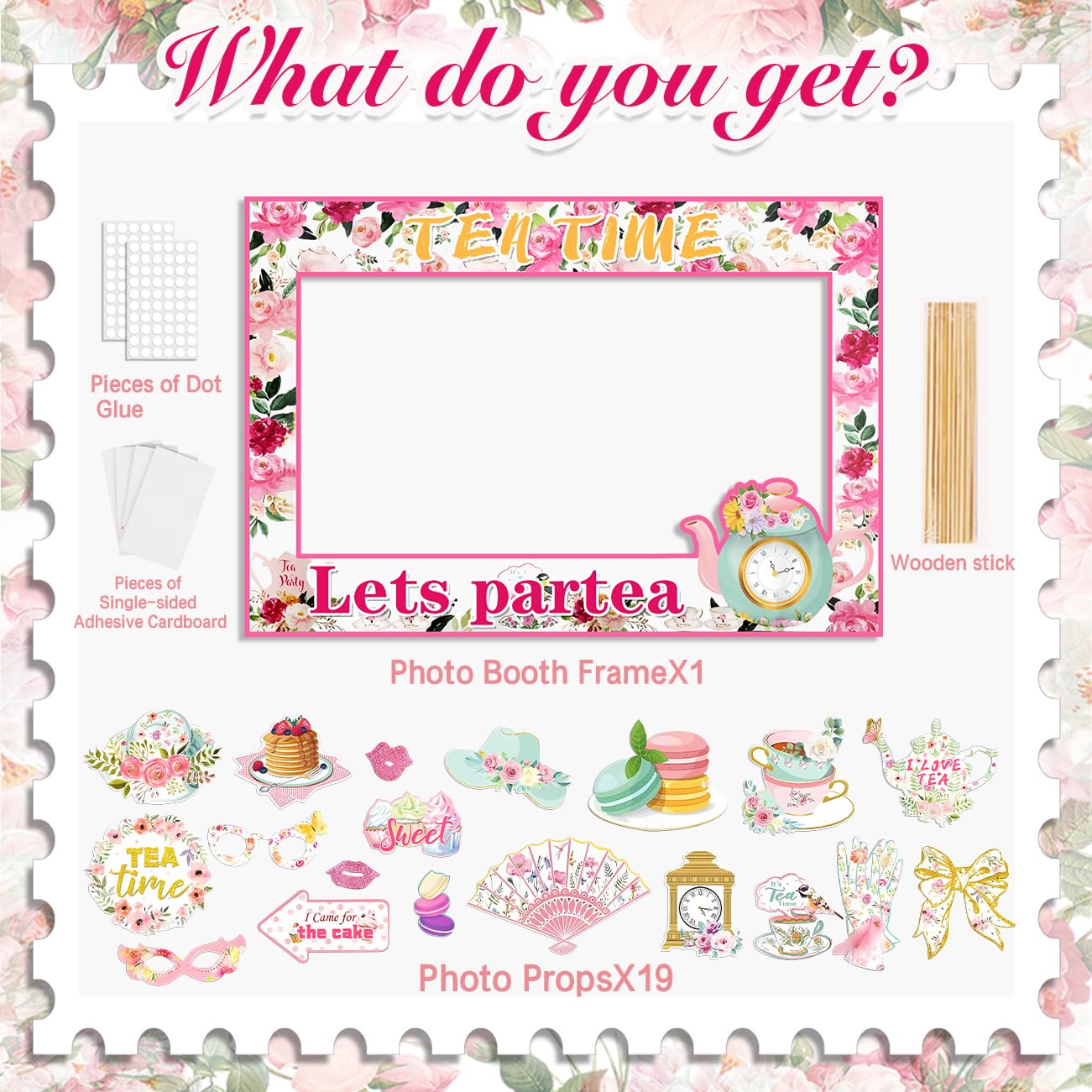 Tea Party Decorations, Floral Lets Partea Photo Booth Frame with 20 Pcs Tea Party Photo Booth Props Garden Party Decorations for Women Tea Party Theme Bridal Shower Birthday Party Supplies