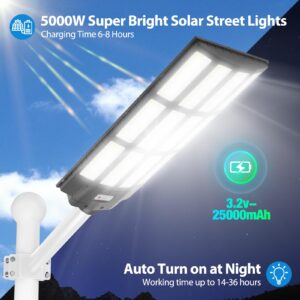 5000W Street Lights Solar Powered, 5000000LM Solar Street Lights for Outside, 2700K/4200K/6500K Dimmable Solar Street Lights Outdoor Waterproof IP66 Dusk to Dawn for Parking Lot, Pole, Garden, Yard