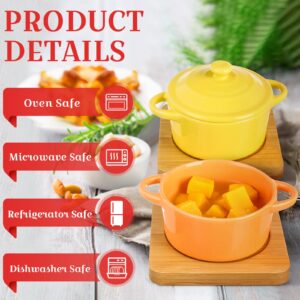 Mimorou 6 Set 7 oz Ceramic Mini Cocotte Set with Lid and Wooden Base Pumpkin Bowl Set with Handle Ceramic Soup Bowls Baking Ramekins Round Casserole for Home Thanksgiving Pumpkin Dish (Colorful)