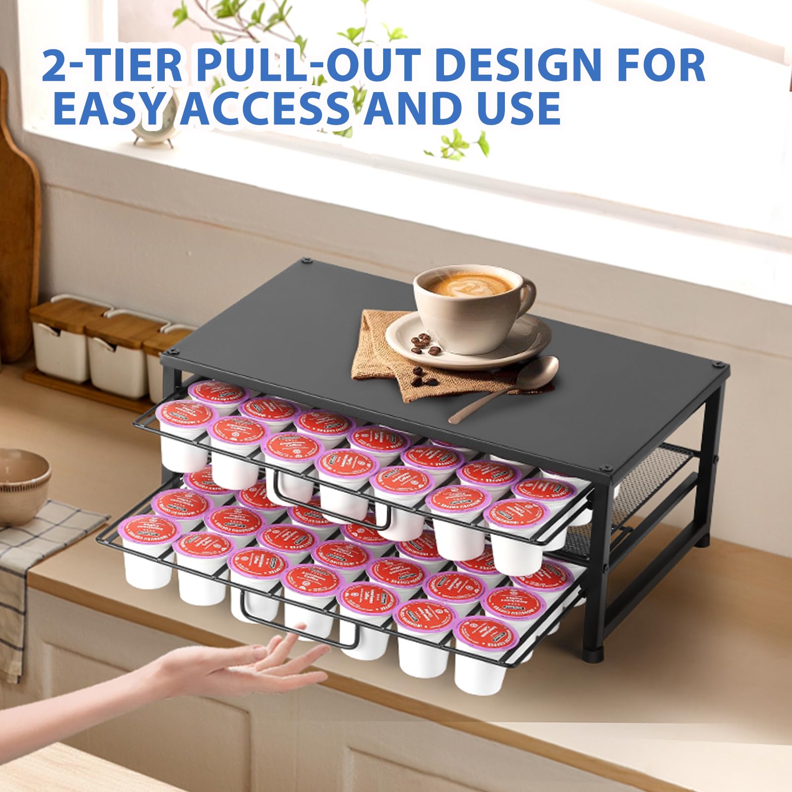 ECOLOVI K Cup Holder Organizer for 70 Pods, 2-Tier Coffee Pod Holder for K-Cup with 2 Sliding Storage Drawers, Coffee Station Bar Organizer for Kitchen Countertop, Home & Office, Frosted Black