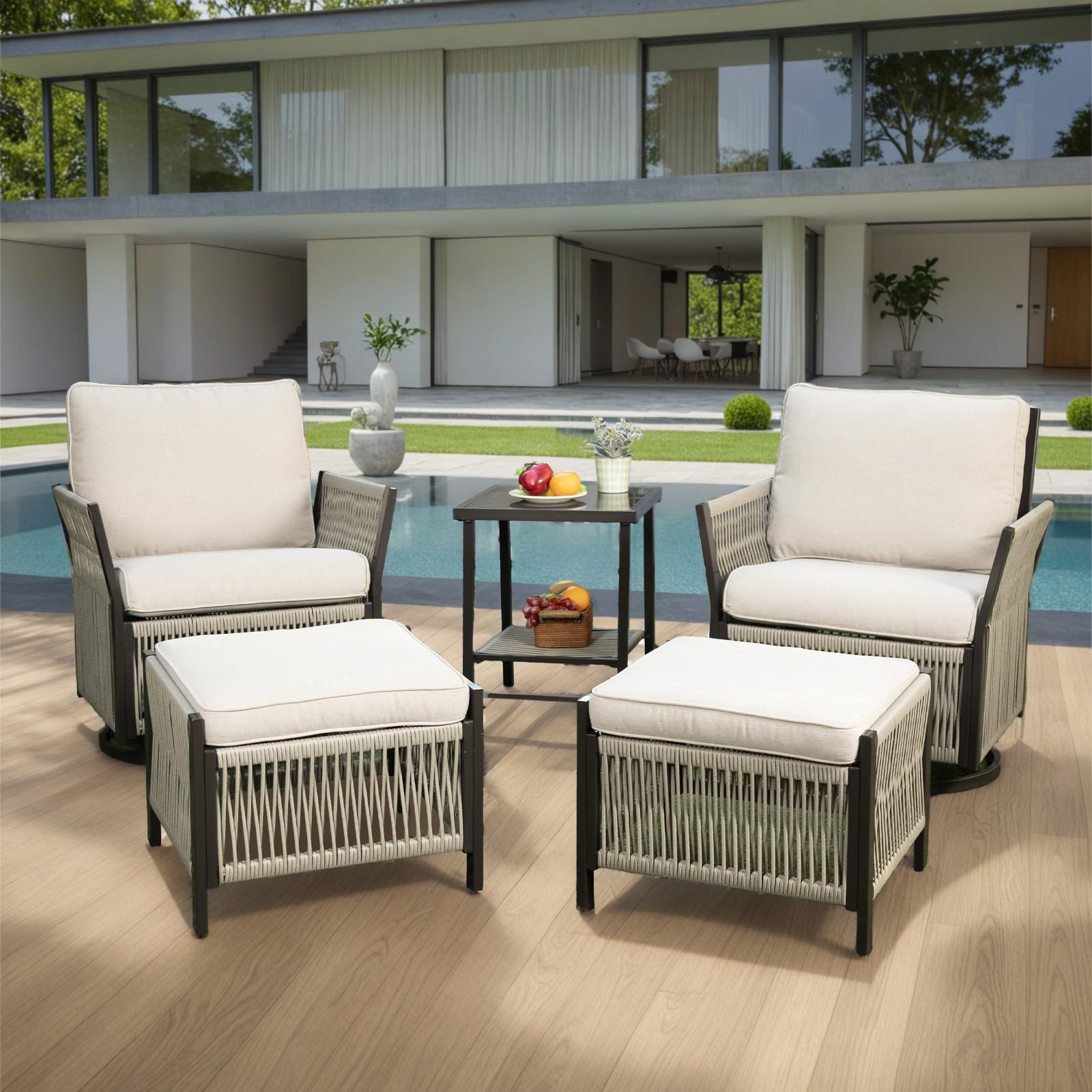 Swpormundo Outdoor Patio Furniture, 5 Pieces High Back Wicker Patio Furniture Set with Rocking Patio Chairs, Coffee Table for Garden,Porch, Backyard(Beige)