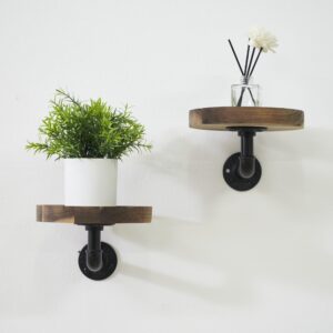 Round Circular Shelves Floating Acacia Wood (Set of 2) Diameter 7.1 inches. Wall Mounted Planter Shelves with Pipe Brackets. Chic Modern Rustic Industrial Pipe Décor for Display, Trophy, Ornaments