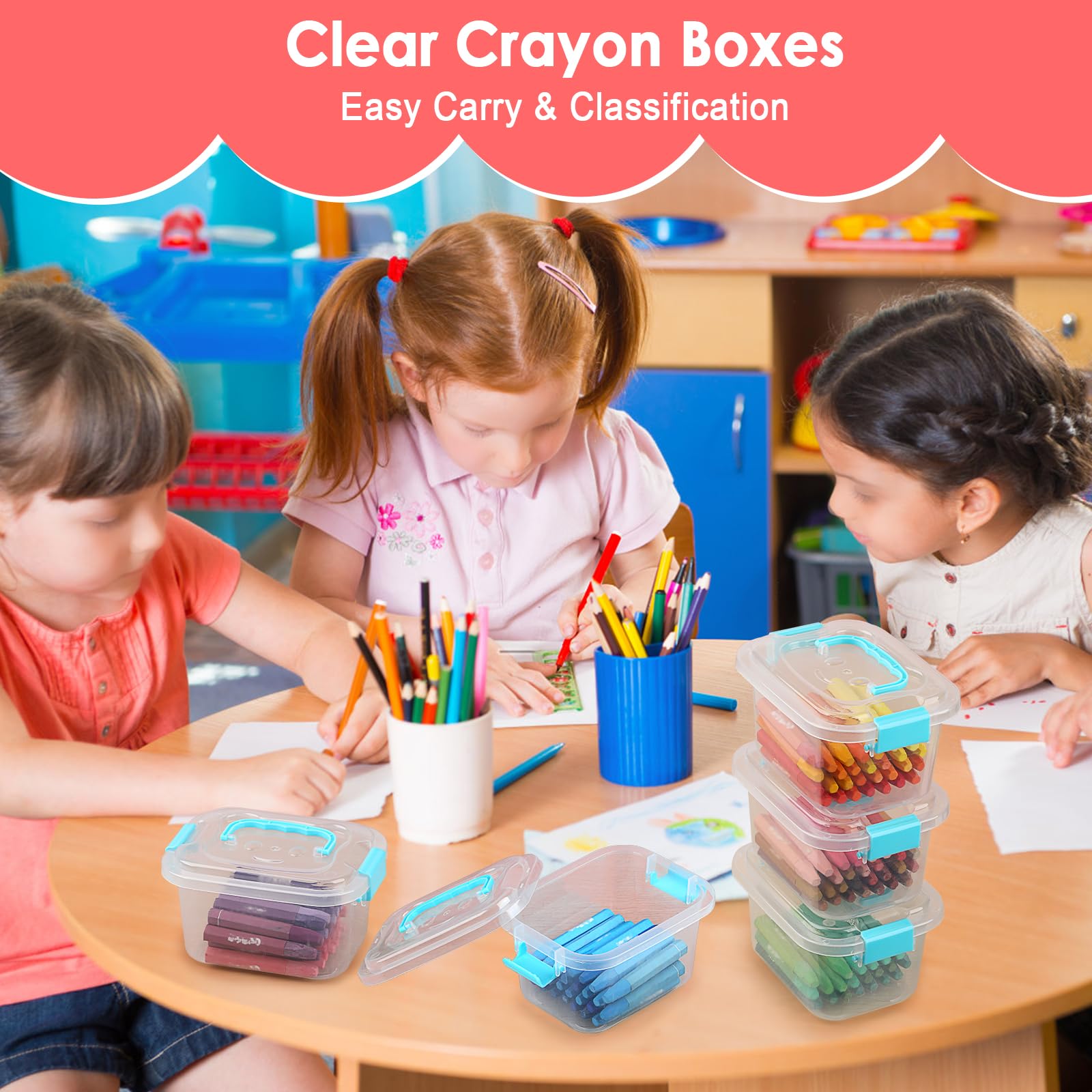 BTSKY 8PCS Clear Plastic Crayon Boxes with Handle Lids, Small Crayon Storage Box Portable Crayon Container Box Multipurpose Art Craft Boxes for Crayon Bulk, Chalks, Paper Clips and More