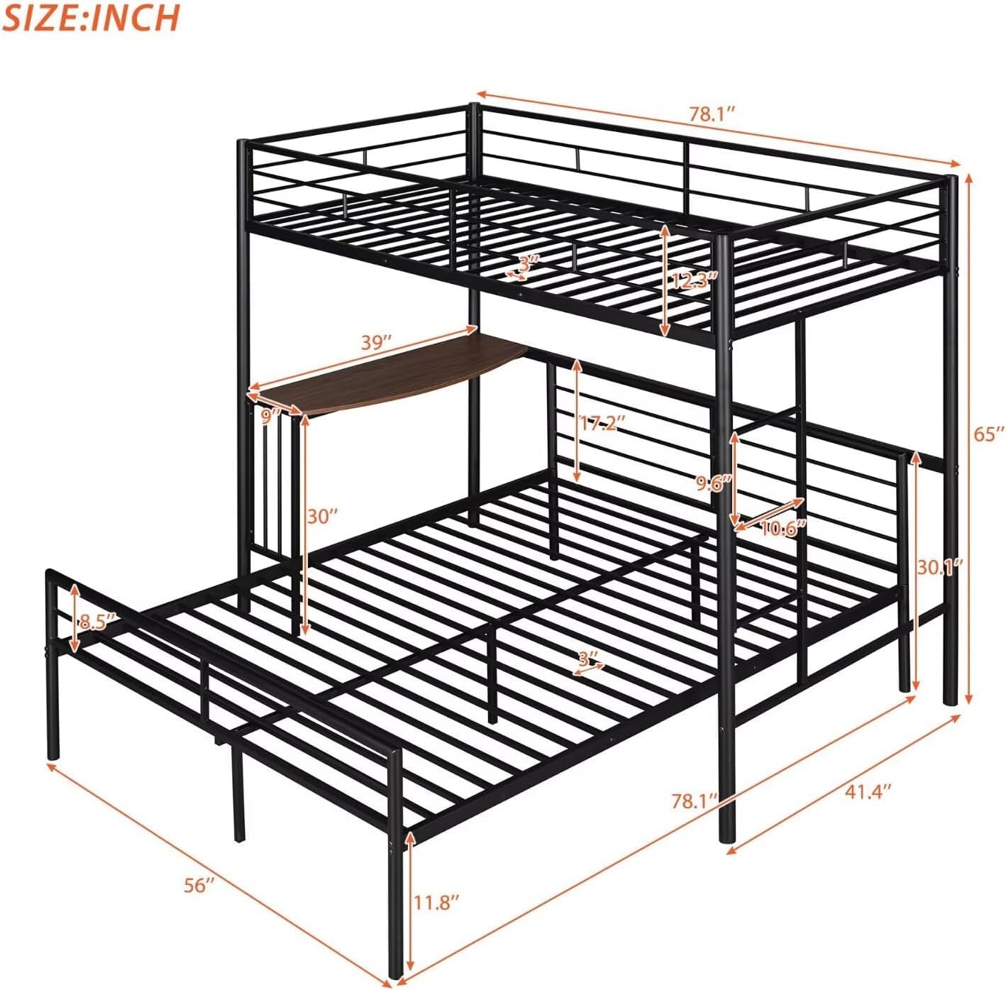 Twin Over Full Bunk Bed, Metal L-Shaped Bunk Bed Frame with Desk, Guardrail and Ladder, Space Saving Bed for Boys Girls, Convertible Into Twin Loft Bed & Full Platform Bed, Noise Free, Black