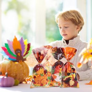 DERAYEE Thanksgiving Treat Bags, 180 Pcs Fall Cellophane Candy Bags Maple Leaves Turkey Pumpkin Goodie Gift Bags for Thanksgiving Party Supplies