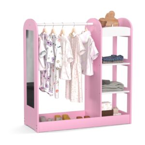 67i kids dress up storage with mirror kids play armoire open hanging armoire closet storage closet dresser pretend costume dresser organizer center for little girls bedroom (pink)