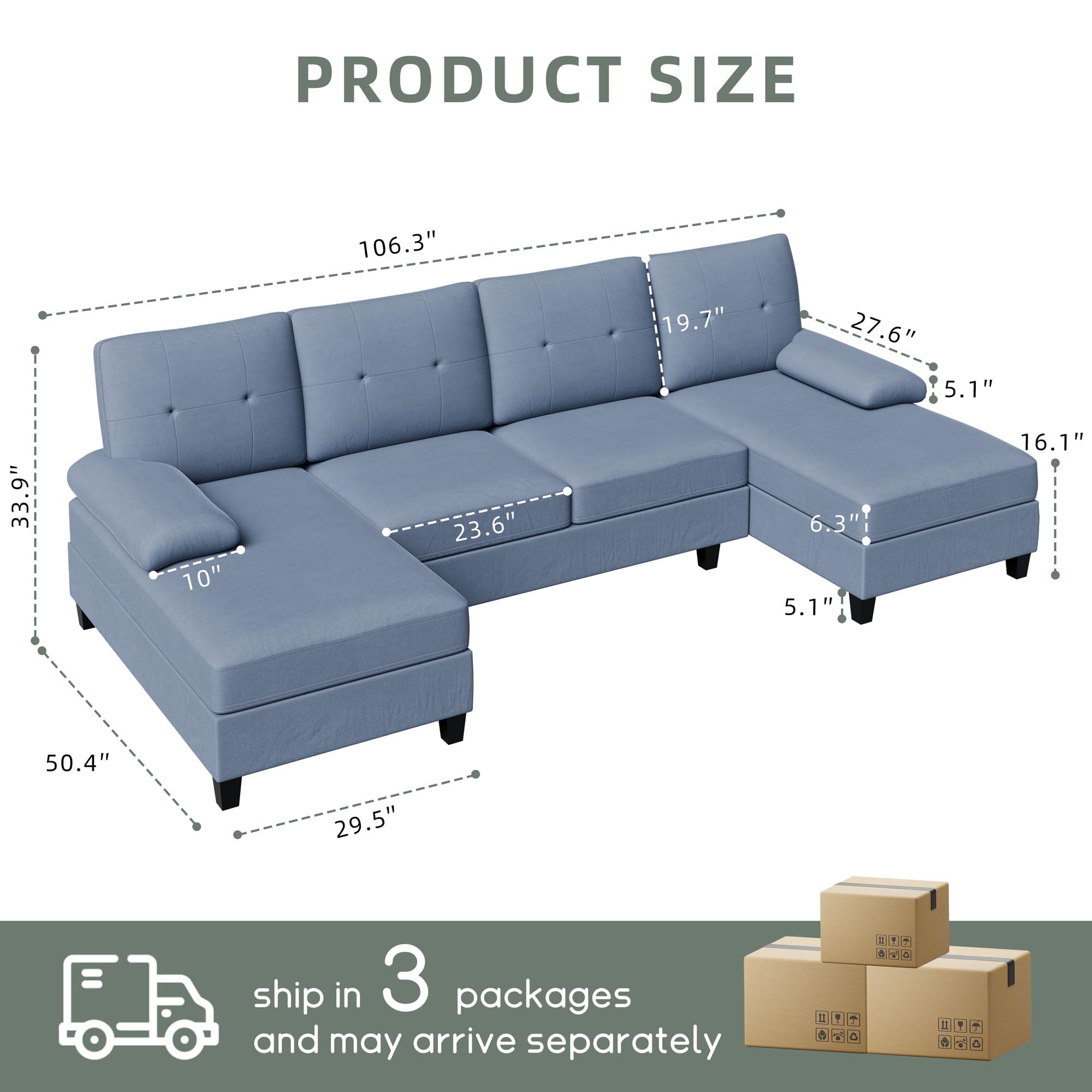 Shintenchi Sectional Couches for Living Room, U Shaped Sofa Couch with Double Chaise, 4-Seat Living Room Furniture Sets with Soft Cushion & Linen Fabric, Blue