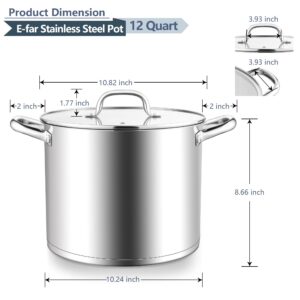 E-far 12 Quart Cooking Stock Pot, Large Stainless Steel Pot for Canning Simmering Stewing, Heavy Duty Cookware with Tri-ply Base for Induction Gas Stoves, Soup Pot with Glass Lid, Dishwasher Safe