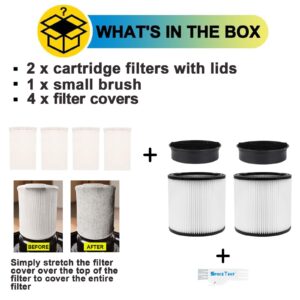 2 pack 08-2566B Cartridge Filters for Most 5-18 Gallon Stanley Wet/Dry Vacuum Cleaners and 4 pack Reusable Filter Covers to Keep Filters Performing.