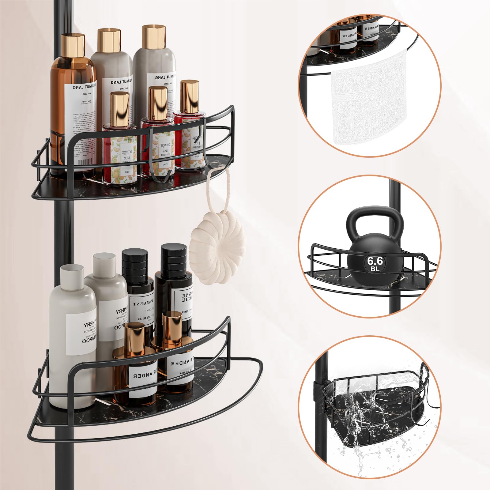 THMINS Shower Caddy Tension Pole,Adjustable Corner Shower Caddy,4 Tier Rustproof Shower Organizer Shelves for Bathroom,Bathtub,42.1-120.5 inch,Black