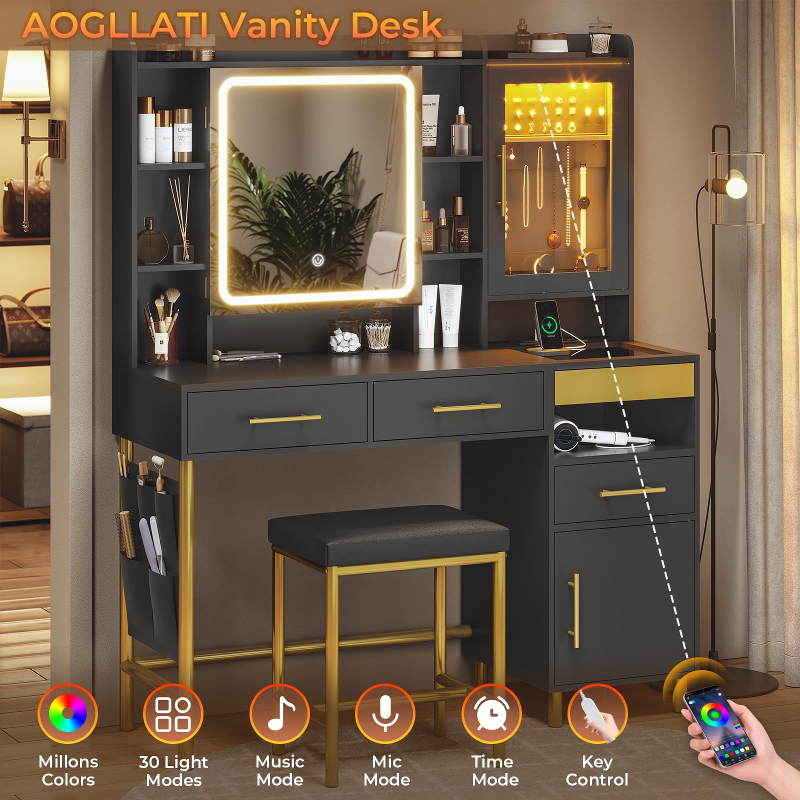 AOGLLATI Black Makeup Vanity with Lights and Jewelry Cabinet, Vanity Desk with Mirror and Lights, Vanity Table with Charging Station,Led Lights, Hidden and Open Storage Shelves