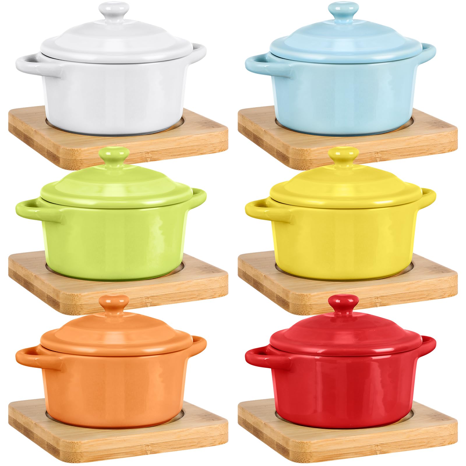 Mimorou 6 Set 7 oz Ceramic Mini Cocotte Set with Lid and Wooden Base Pumpkin Bowl Set with Handle Ceramic Soup Bowls Baking Ramekins Round Casserole for Home Thanksgiving Pumpkin Dish (Colorful)