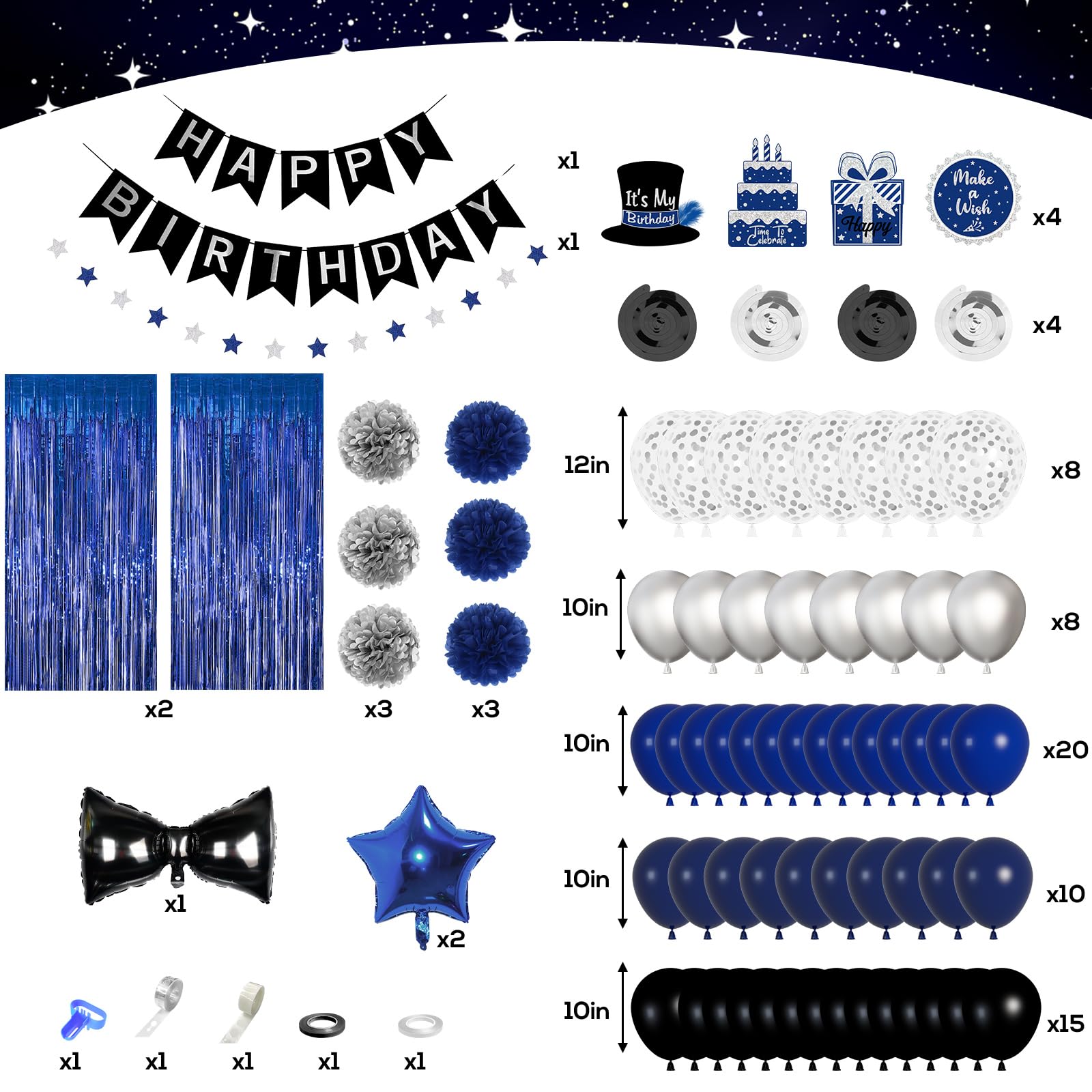 Ouddy Life Blue and Black Birthday Decorations for Men Boys, Navy Blue Black Sliver Confetti Balloon Happy Birthday Banner Fringe Curtain Hanging Swirl Graduation Baby Shower Engagement Party Supplies